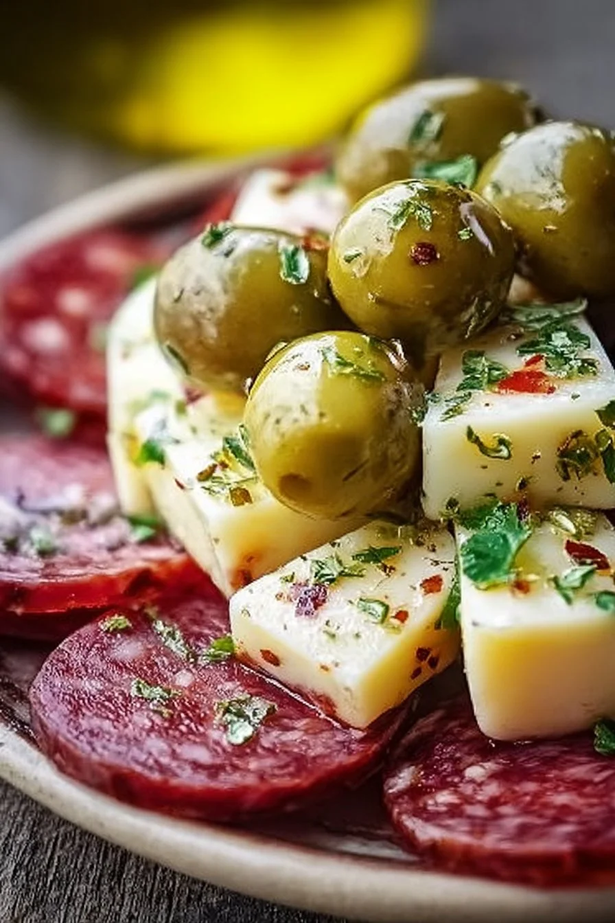 Easy Marinated Cheese Appetizer with Salami & Green Olives