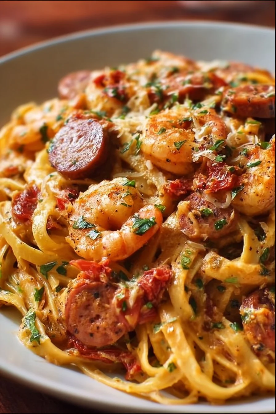 Yummy Cajun Shrimp Pasta with Sausage for Potluck Parties